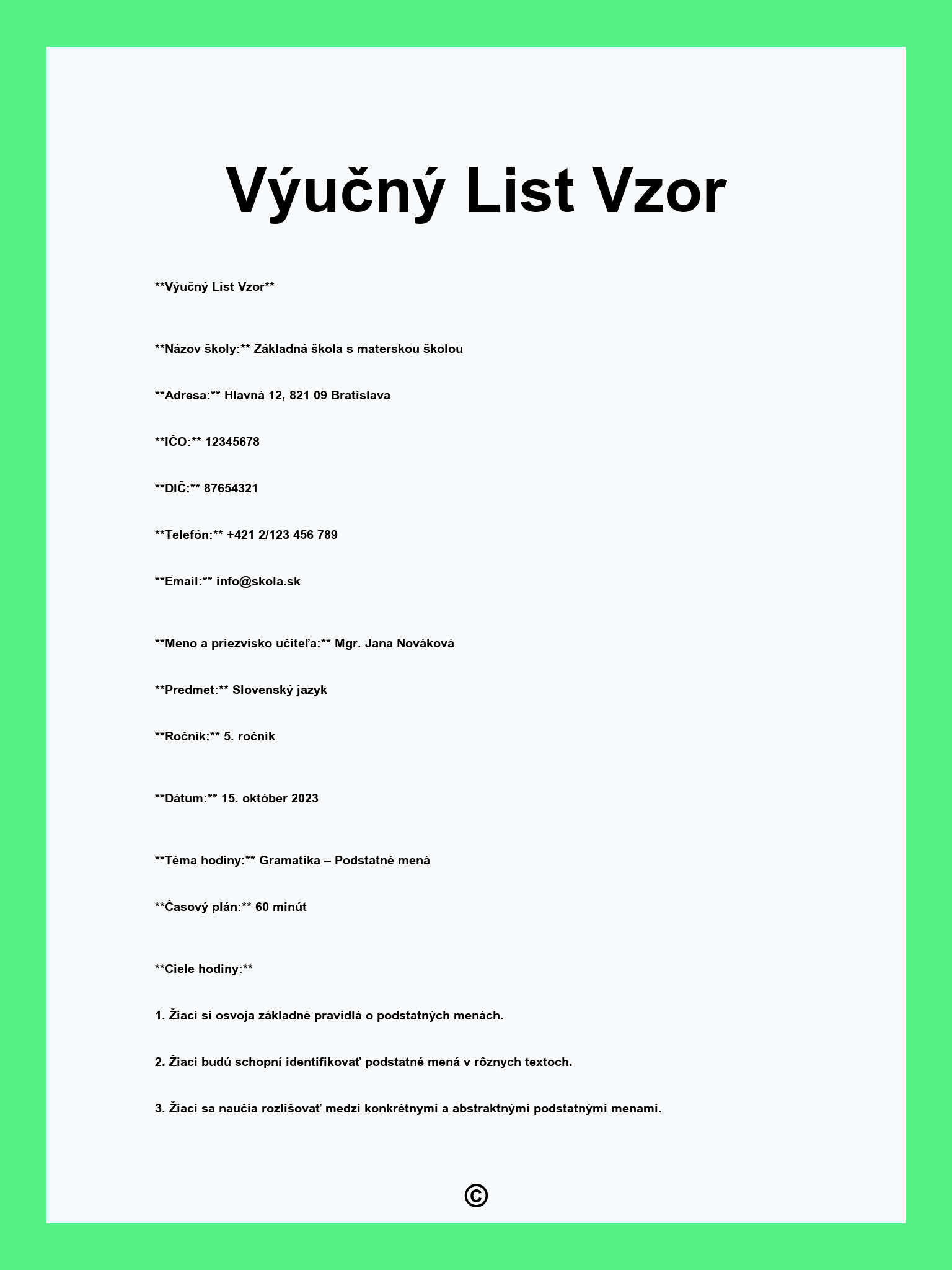 Výučný List Vzor