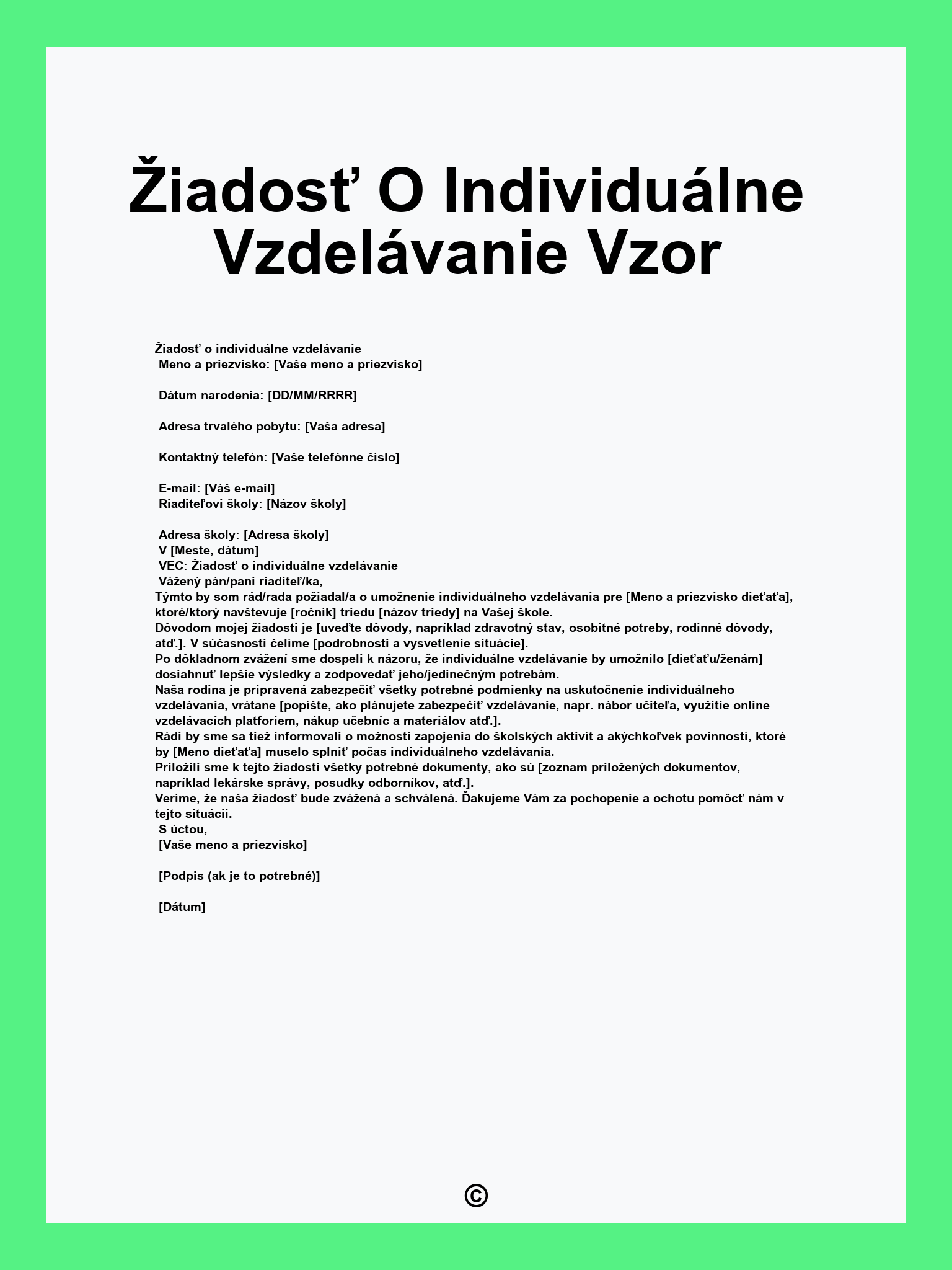 Žiadosť O Individuálne Vzdelávanie Vzor