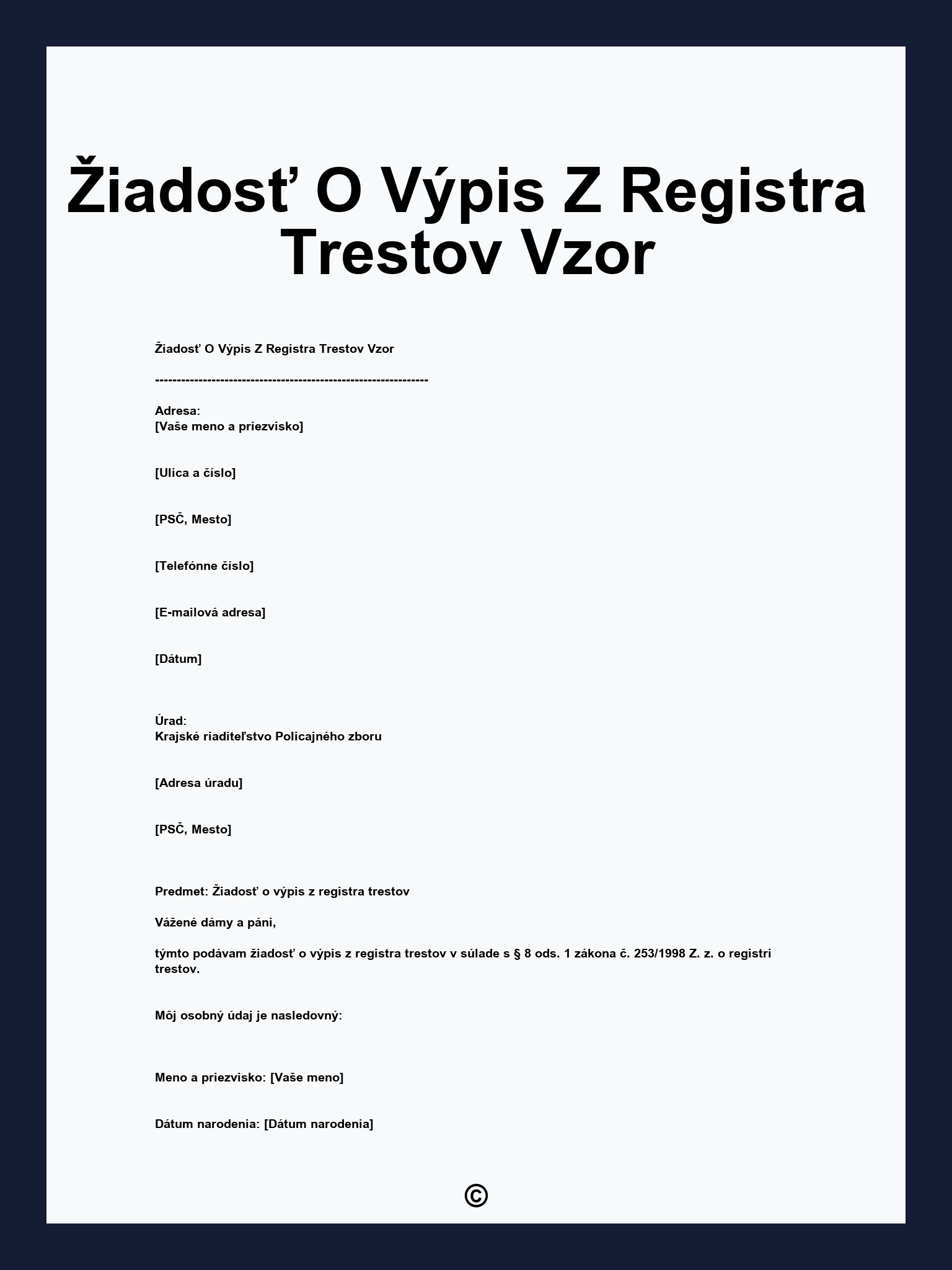 Žiadosť O Výpis Z Registra Trestov Vzor