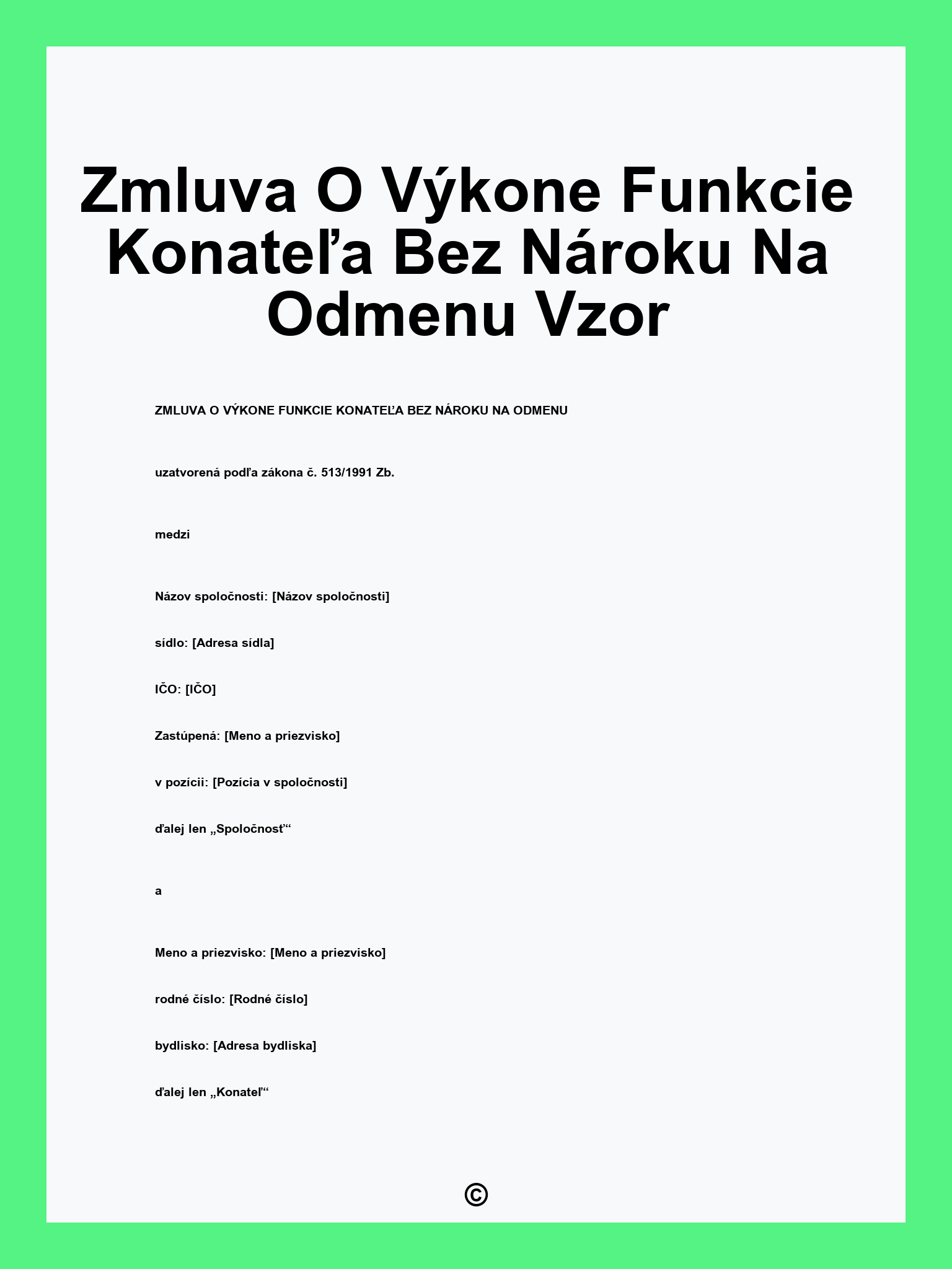 Zmluva O Výkone Funkcie Konateľa Bez Nároku Na Odmenu Vzor